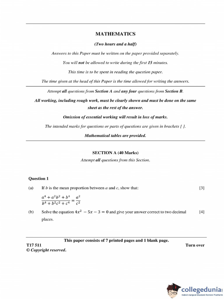 ICSE Class 10 Mathematics Question Paper 2017 | PDF
