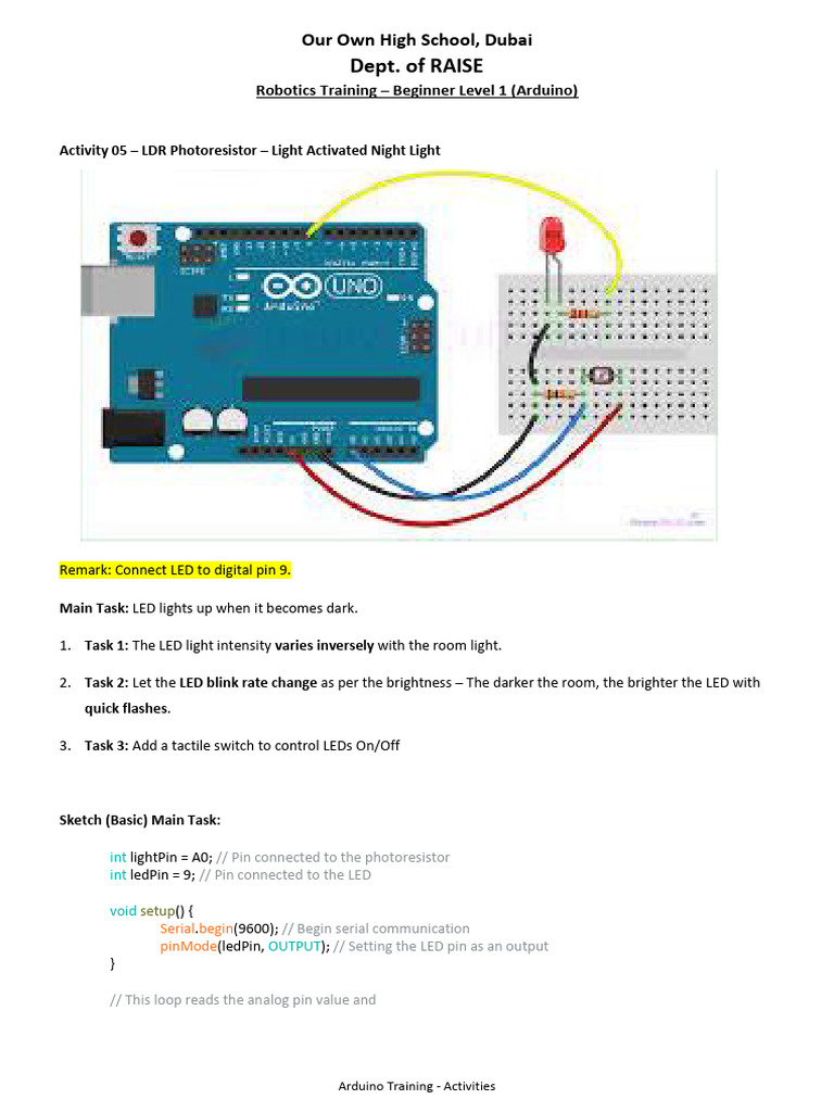 Arduino Activity 05 - LDR Photoresistor - Night Light | PDF | Arduino ...
