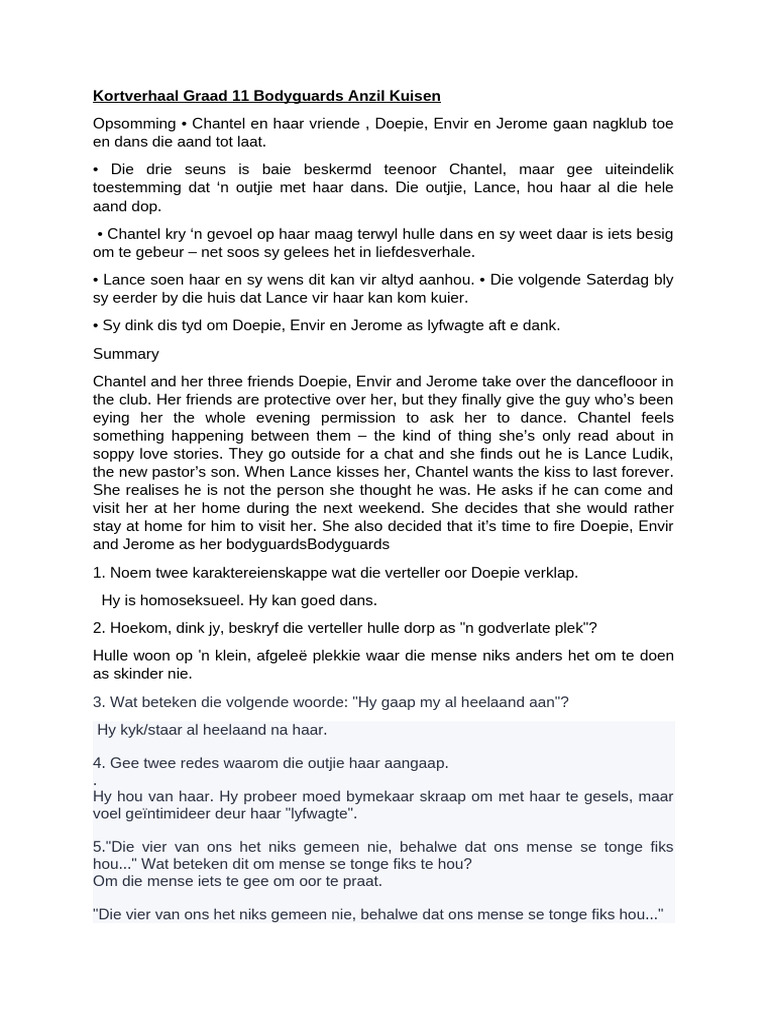 Kortverhaal Graad 11 Bodyguards Anzil Kuisen | PDF