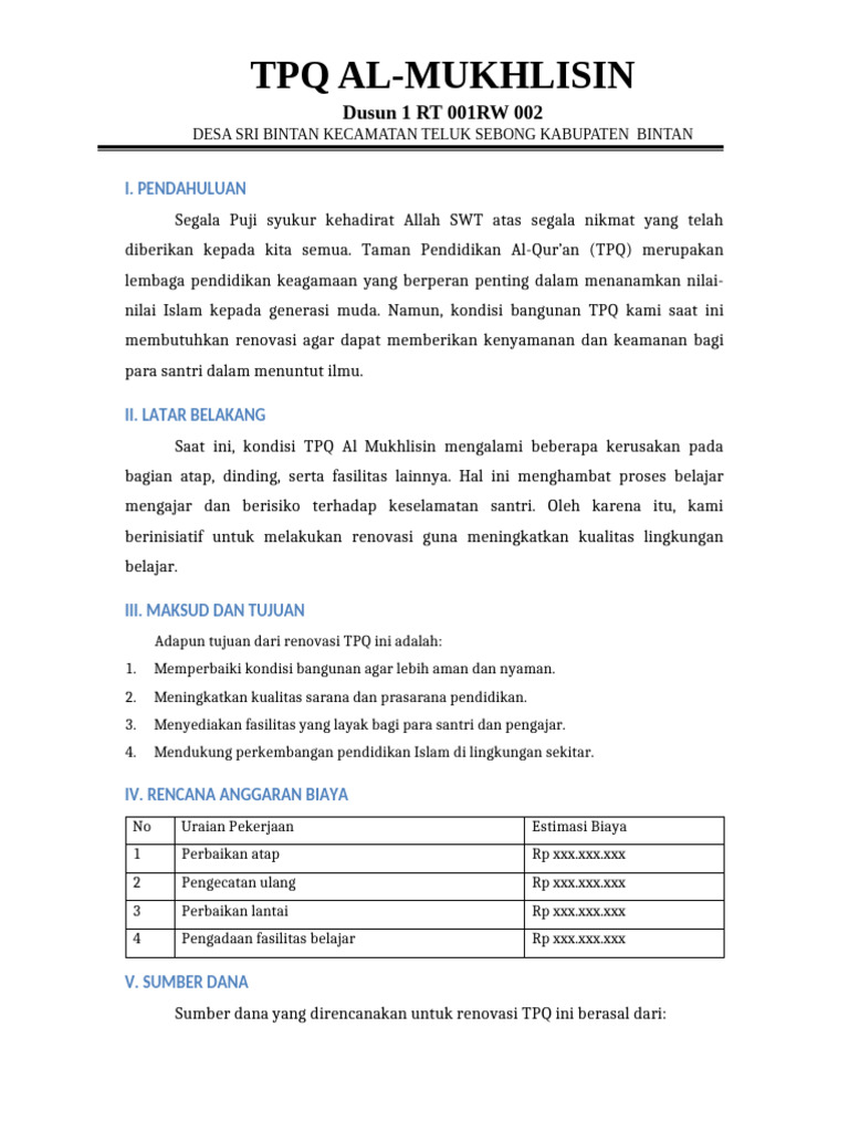 Proposal - Renovasi - TPQ Al Mukhlisin SRI BINTAN | PDF