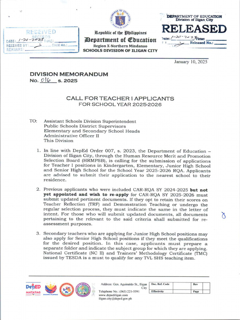 DM 016 s2025 Call for Teacher I Applicants SY2025-2026 | PDF