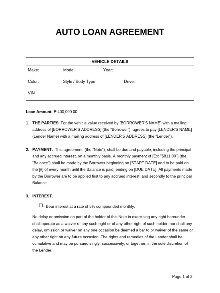 Auto Loan Agreement Template | PDF | Loans | Debt