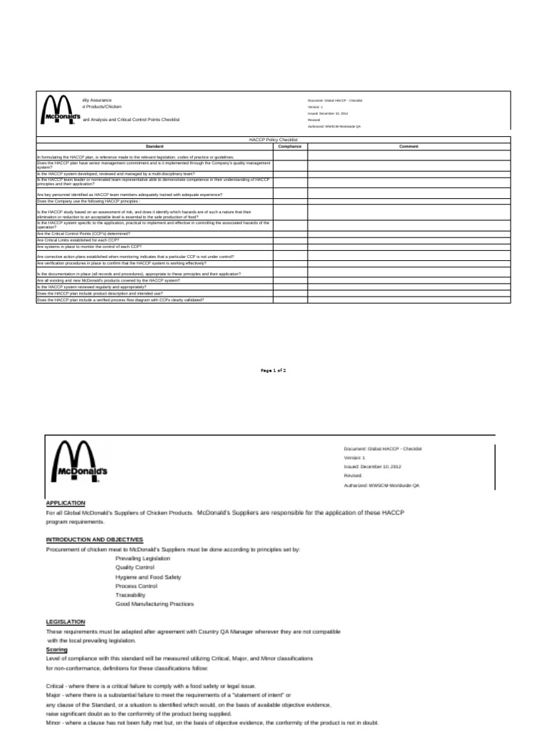Global Chicken HACCP Checklist Ver. 1 | PDF | Hazard Analysis And ...