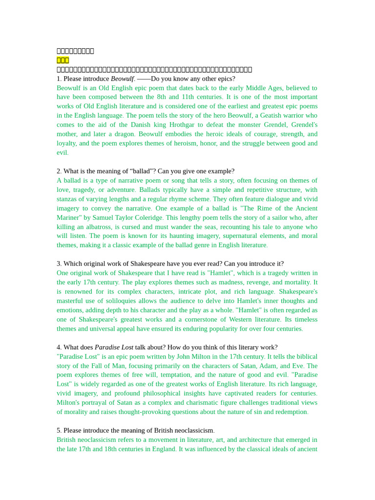 各时期重点专业题目抽背 | PDF | Transcendentalism | Beat Generation