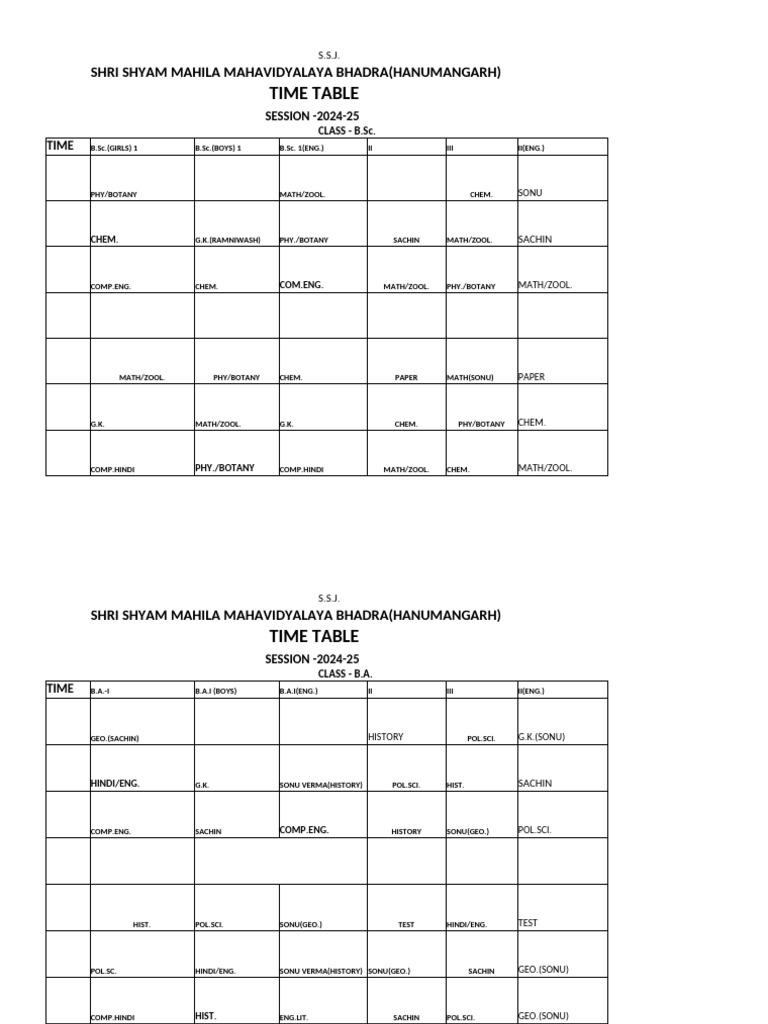 Class Time Table 2024-25 | PDF