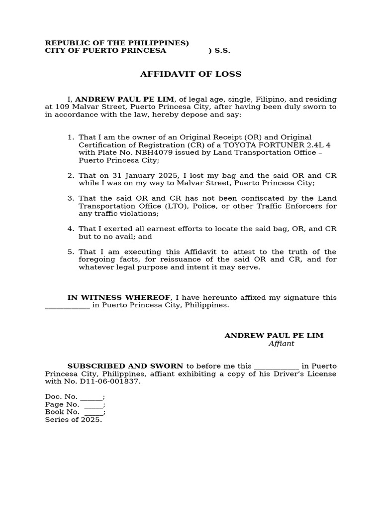 Affidavit of Loss for OR/CR | PDF