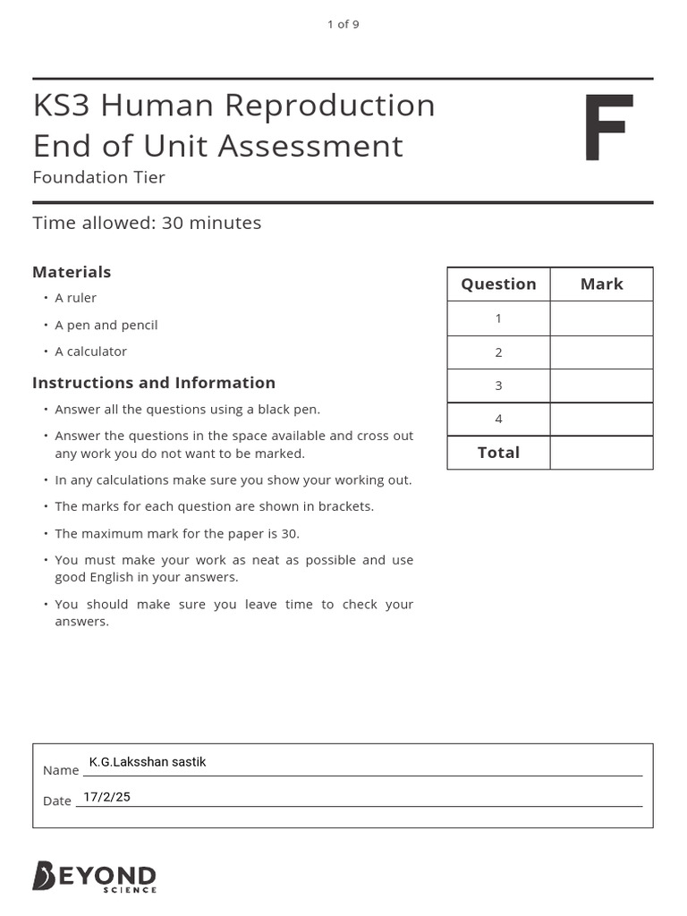 KS3 Human Reproduction Assessment | PDF | Puberty | Menstrual Cycle