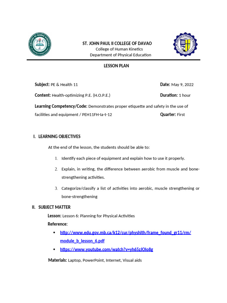 PE & Health Lesson Plan for Students | PDF | Physical Education ...