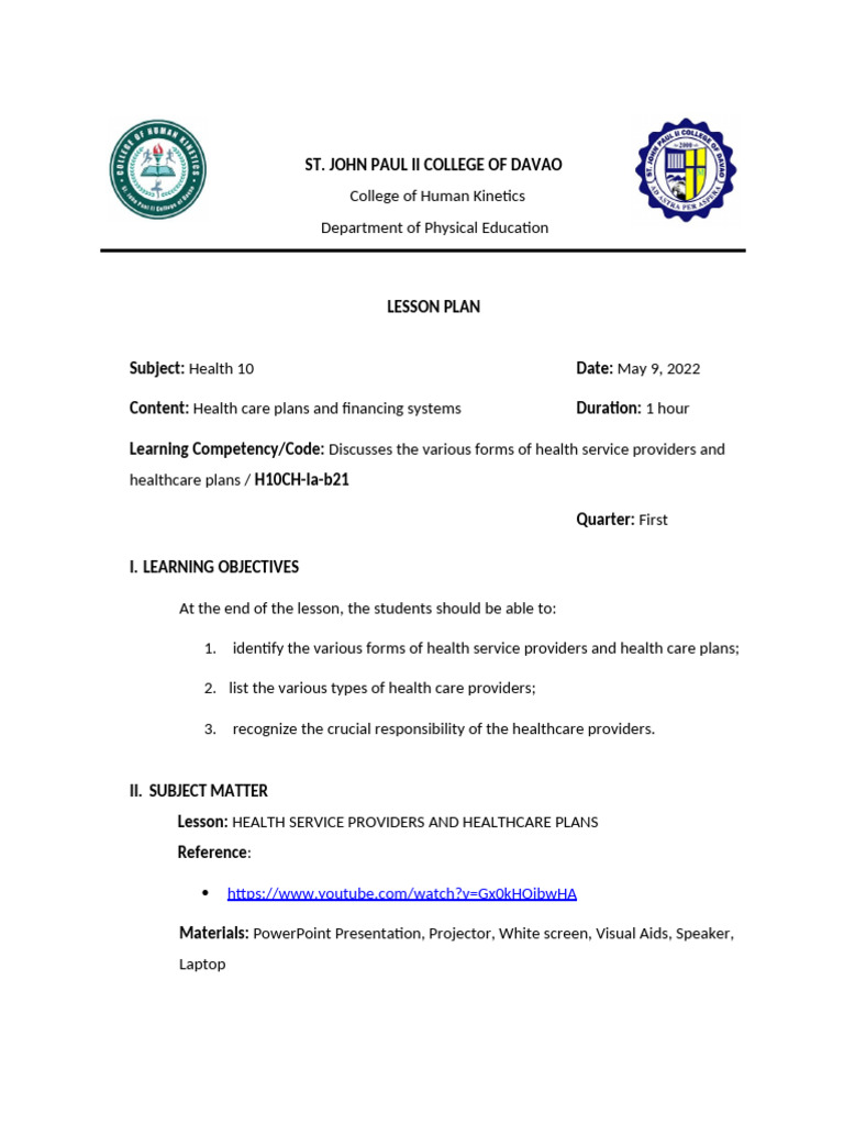 Financial Literacy LESSON PLAN - PADILLA | PDF | Health Care | Health ...