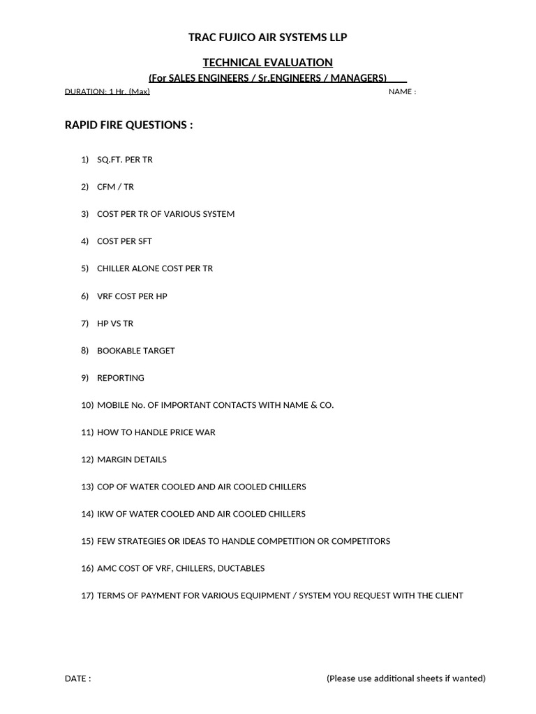 Technical Questionnaire - SAles (HVAC) | PDF | Manufactured Goods | Mechanical Engineering