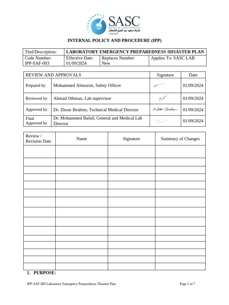 IPP-SAF-003 Laboratory Emergency Preparedness Disaster Plan | PDF ...