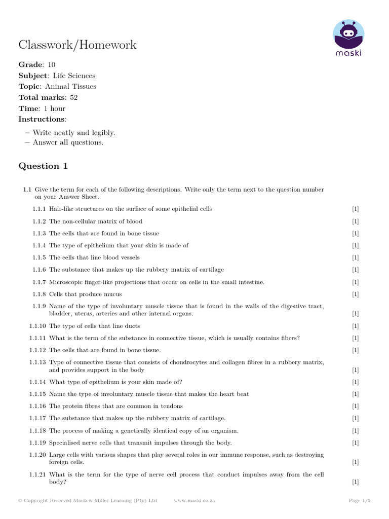 Classwork Homework 50 20240813111329 | PDF | Epithelium | Tissue (Biology)