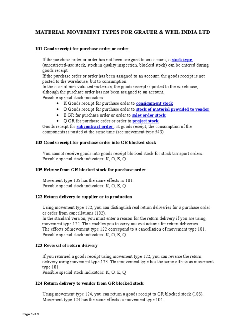 Material Movement Types Guide | PDF | Delivery (Commerce) | Warehouse