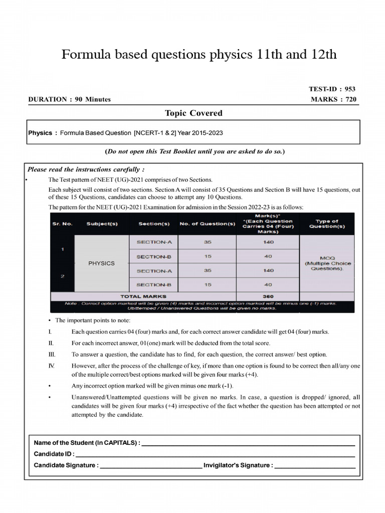 Neet Jee Physics Formula Based Questions Full Class 11 and Class 12 ...