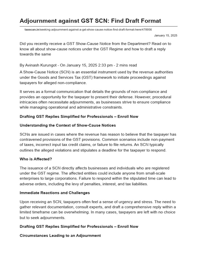 S.no.23A Adjournment Against GST SCN - Find Draft Format | PDF | Taxes ...