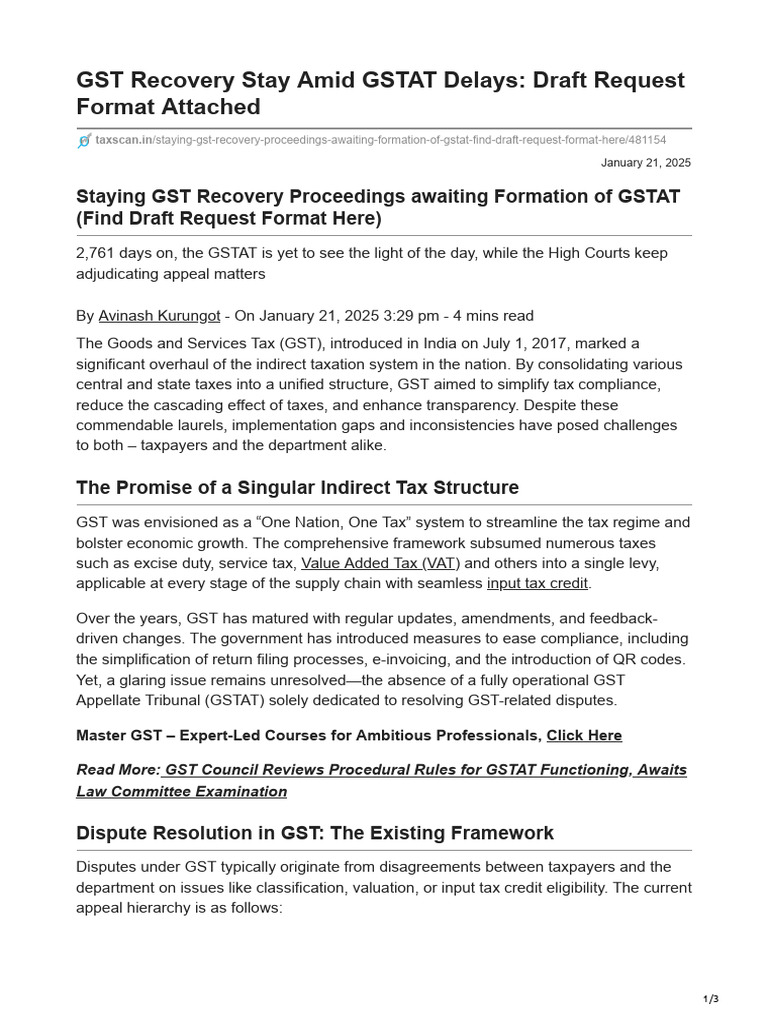 GST Recovery Stay Amid GSTAT Delays Draft Request Format Attached | PDF | Taxes | Tribunal