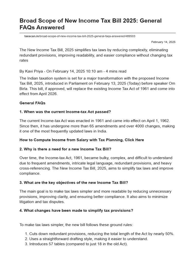 Broad Scope of New Income Tax Bill 2025 - General FAQs Answered | PDF ...