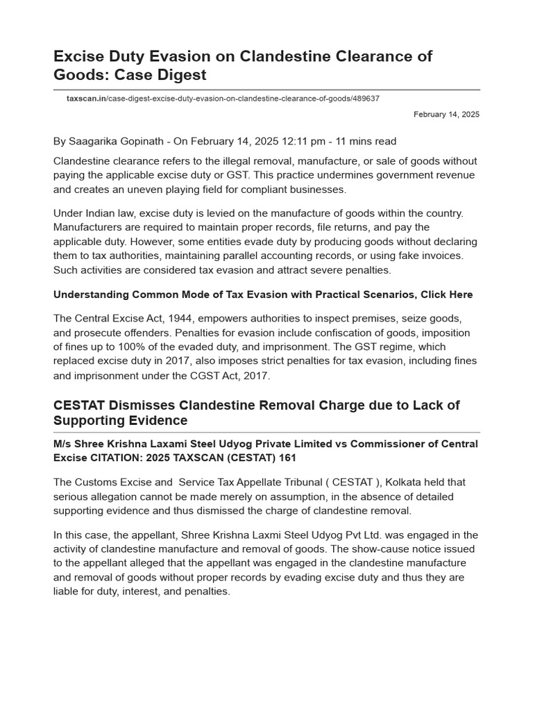 Excise Duty Evasion on Clandestine Clearance of Goods_ Case Digest ...