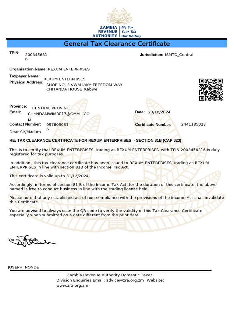 Tax Clearance Certificate for REXUM ENTERPRISES | PDF