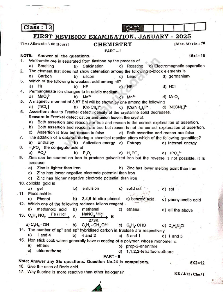 12th Chemistry First Revision QP EM Kallakurichi 2025 | PDF