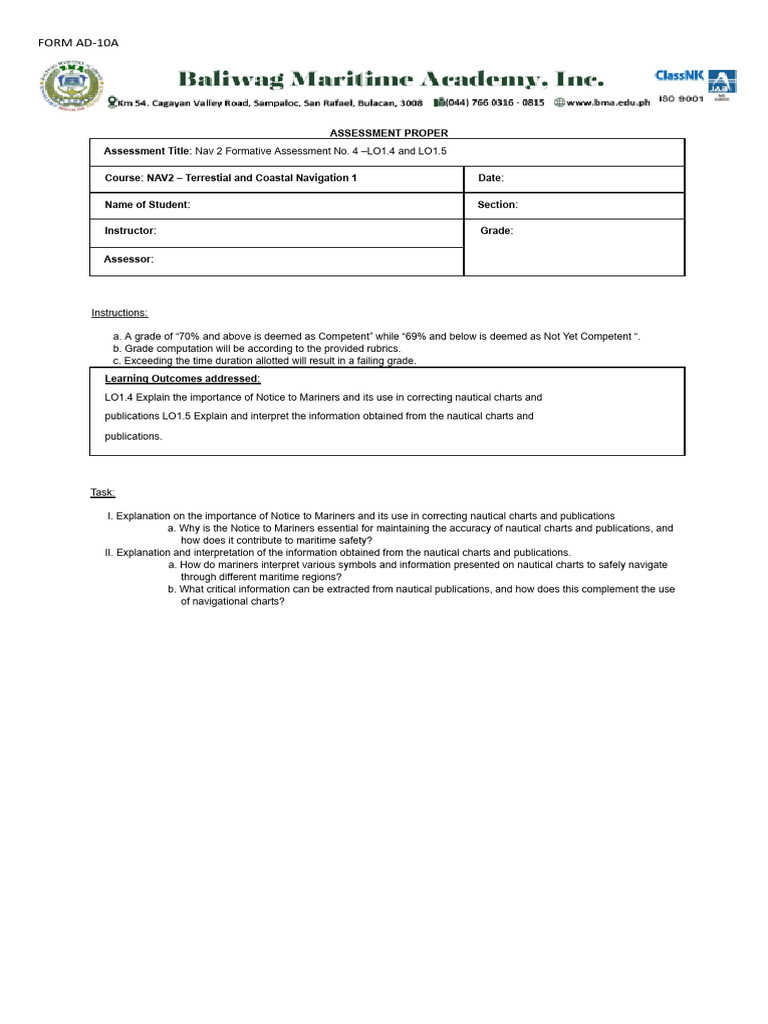NAV 2 LO1.4-1.5 FA Plan Cognitive Assessment | PDF