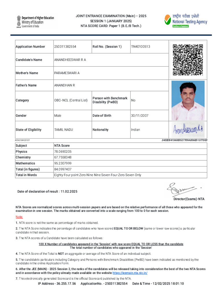 JEE Main 2025-S1P1 Marksheet | PDF | Qualifications | Student ...