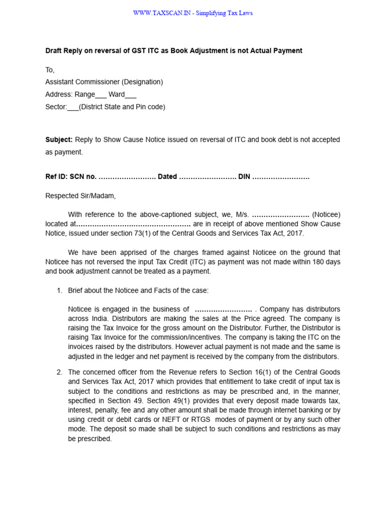 GST Draft Reply - 001 - ITC Reversal On Book Adjustments - Watermark ...