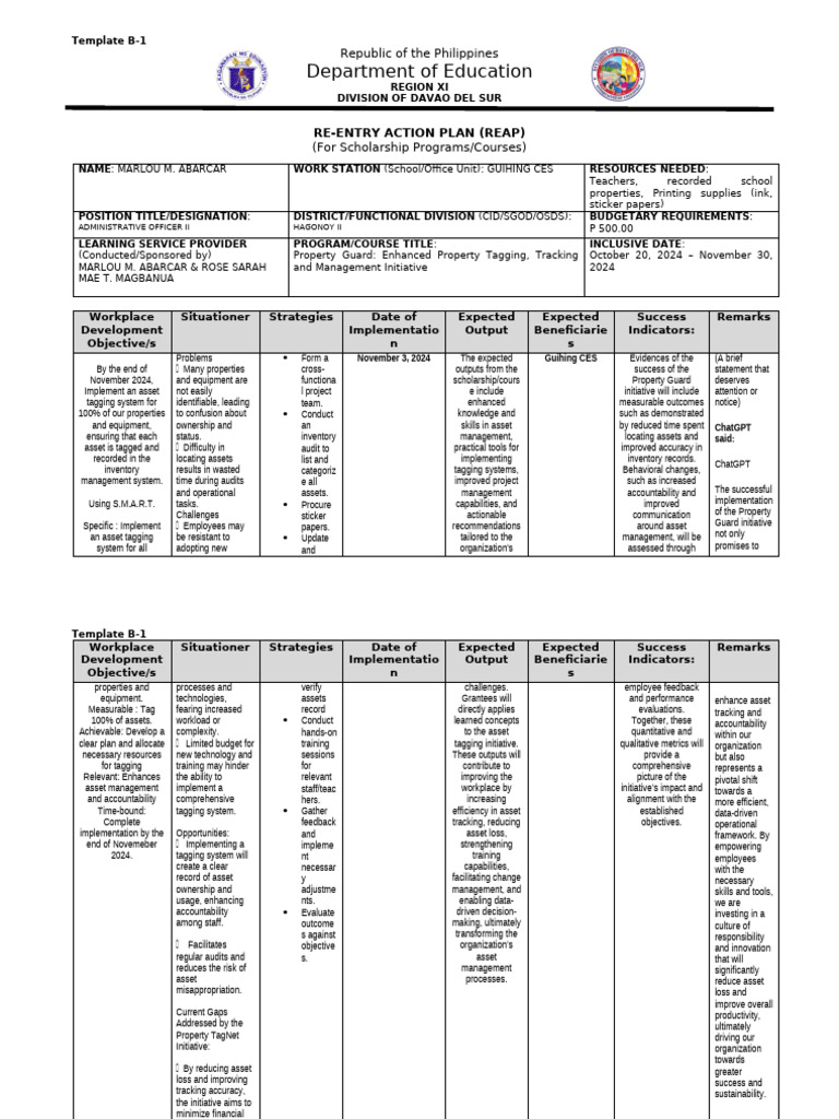 Template 20B-1 20Re-Entry 20action 20plan | PDF | Audit | Business