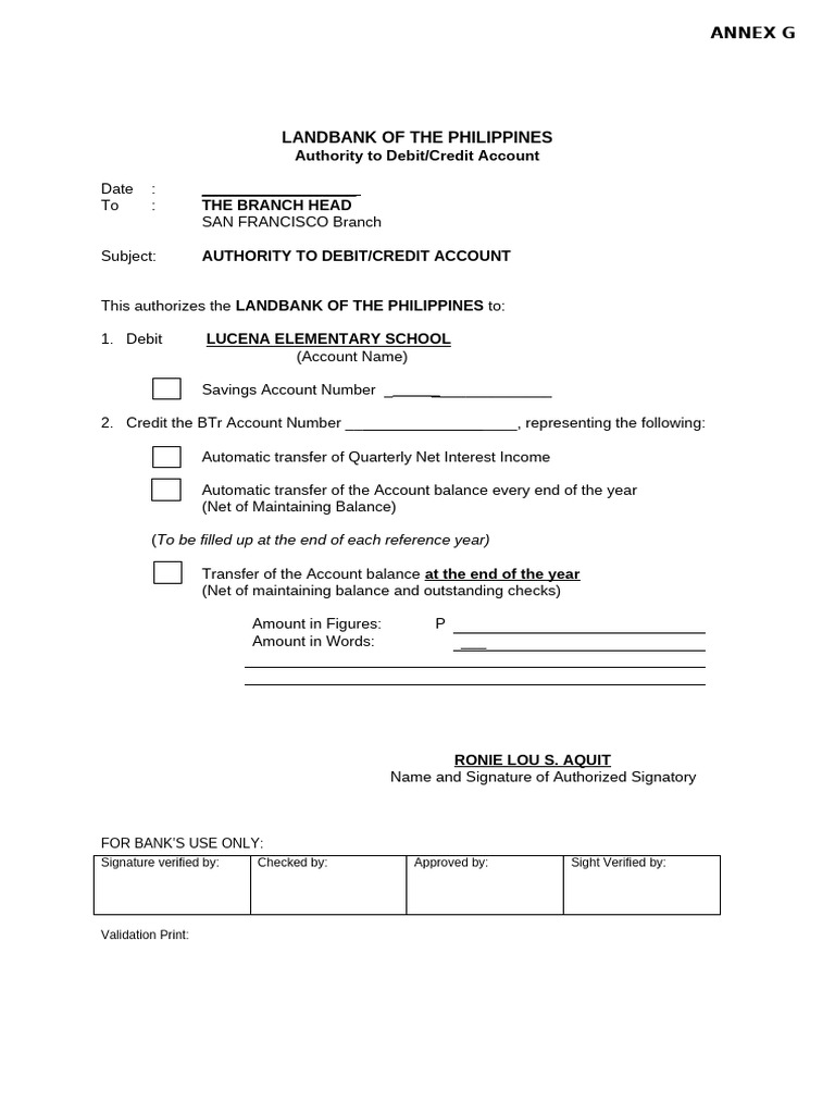 Annex G Authority To Transfer Funds To BTR LBP | PDF