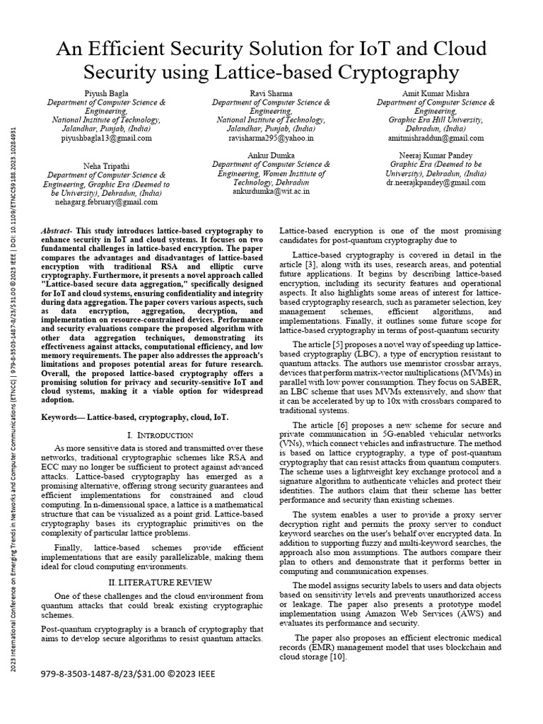 An Efficient Security Solution For IoT and Cloud Security Using Lattice-Based Cryptography | PDF ...