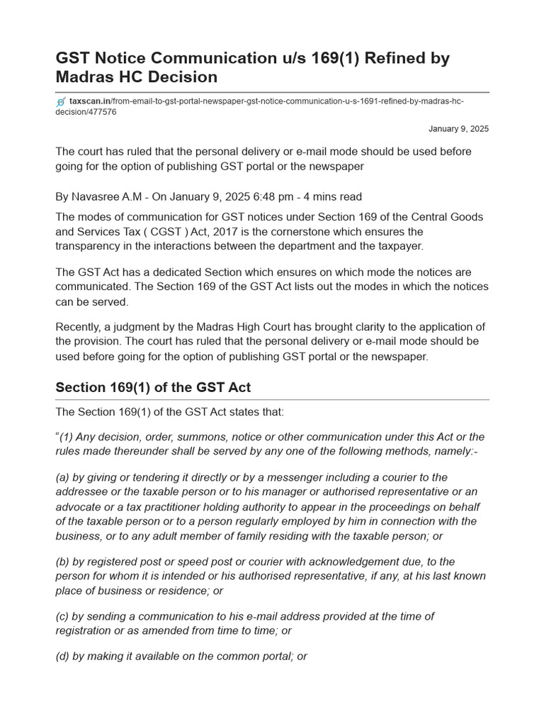 GST Notice Communication u_s 169(1) Refined by Madras HC Decision | PDF ...