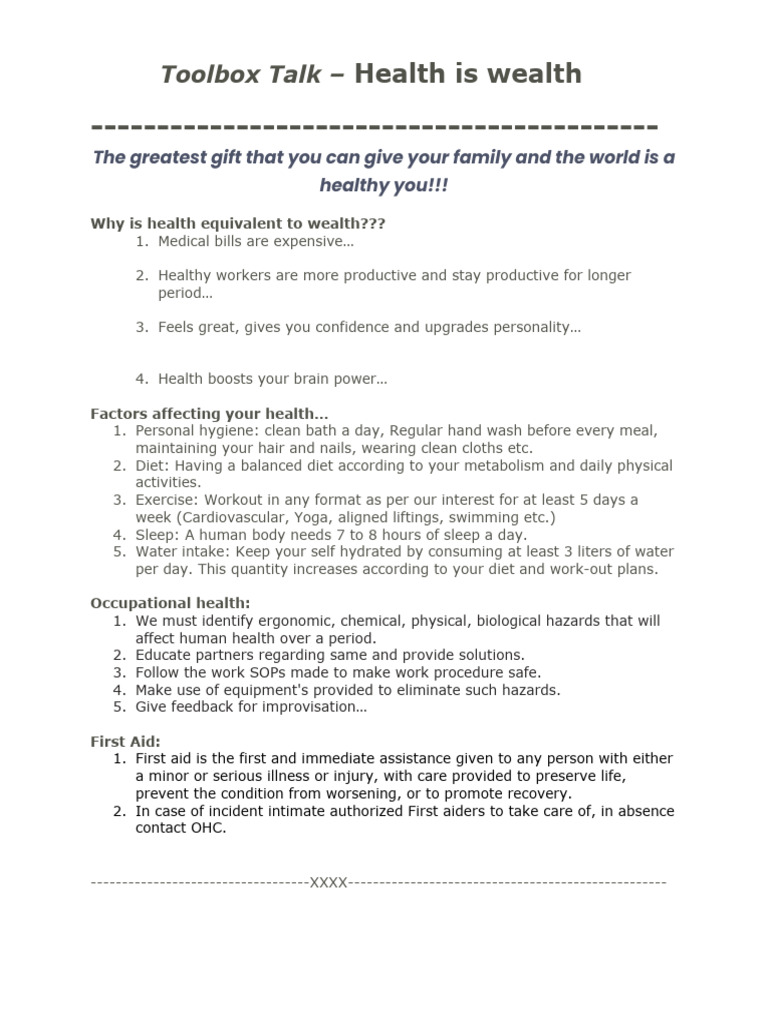 Health is Wealth: A Toolbox Talk | PDF