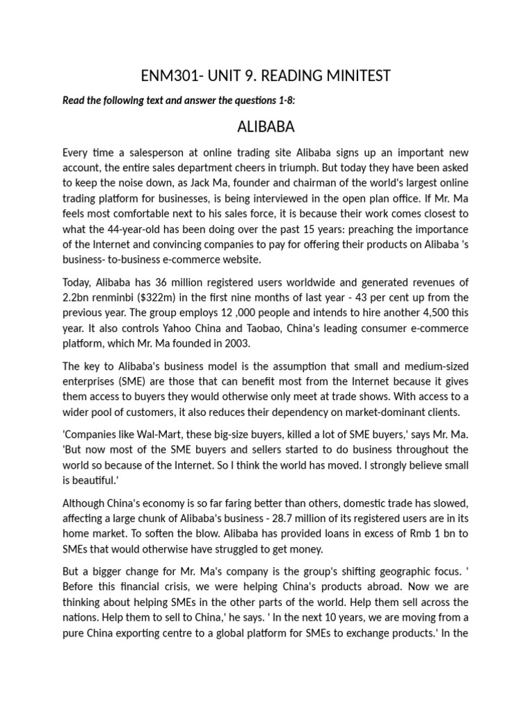 Enm301.u9.reading Practice | PDF | Alibaba Group | Private Sector