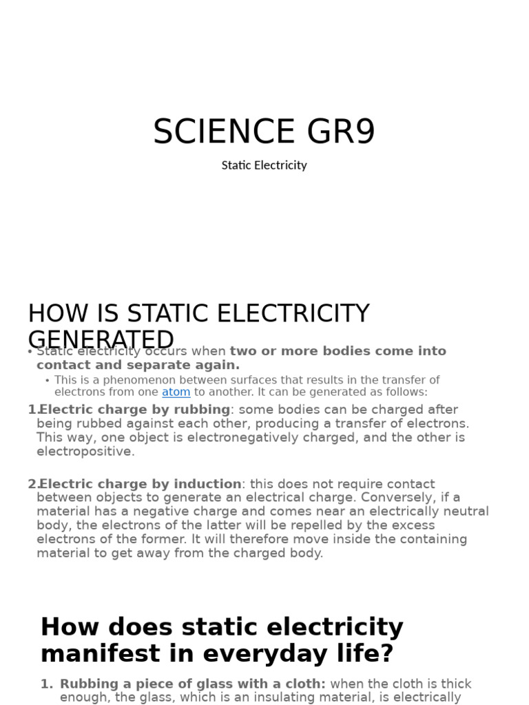 SCIENCE GR9 - Static Electricity | PDF | Electric Charge | Electron