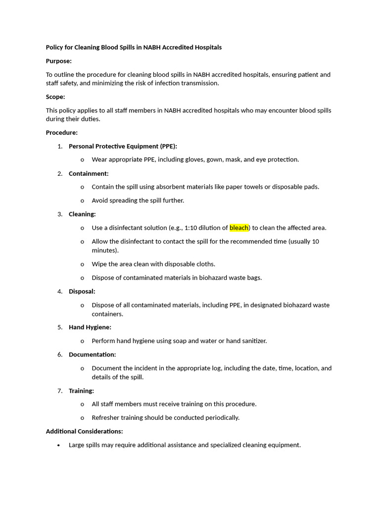 Staff Know The Procedure of Cleaning Blood Spill | PDF