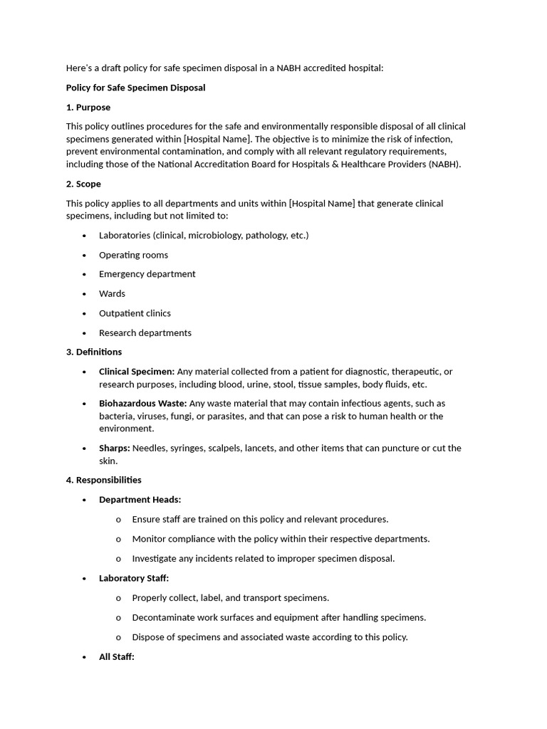 Safe Specimen Disposal Policy for Hospitals | PDF | Regulatory ...