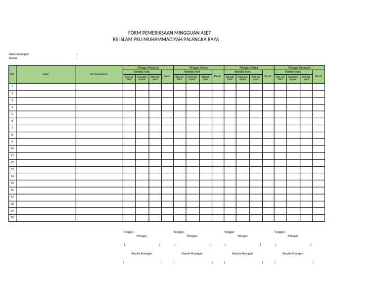 Form Pemeriksaan Mingguan Aset | PDF