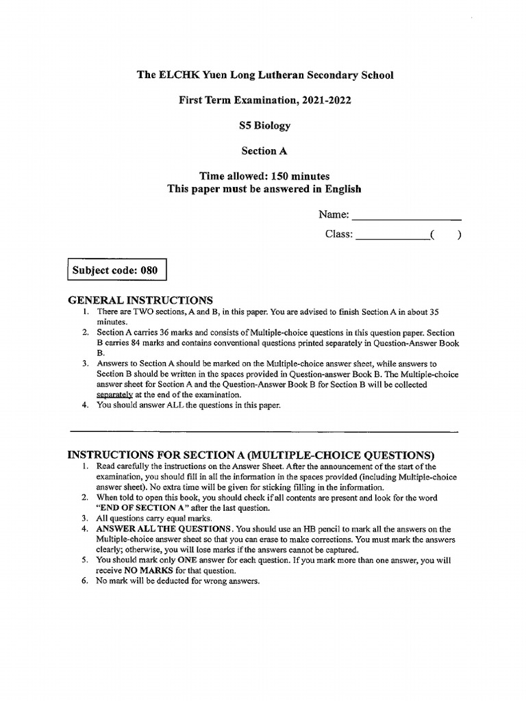 2122 - S5 - EX1 - Bio - Part A Q | PDF