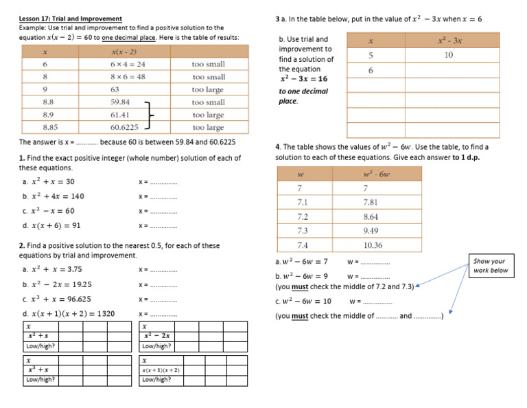 Trial and Improvement Method for Equations | PDF | Mathematics | Arithmetic