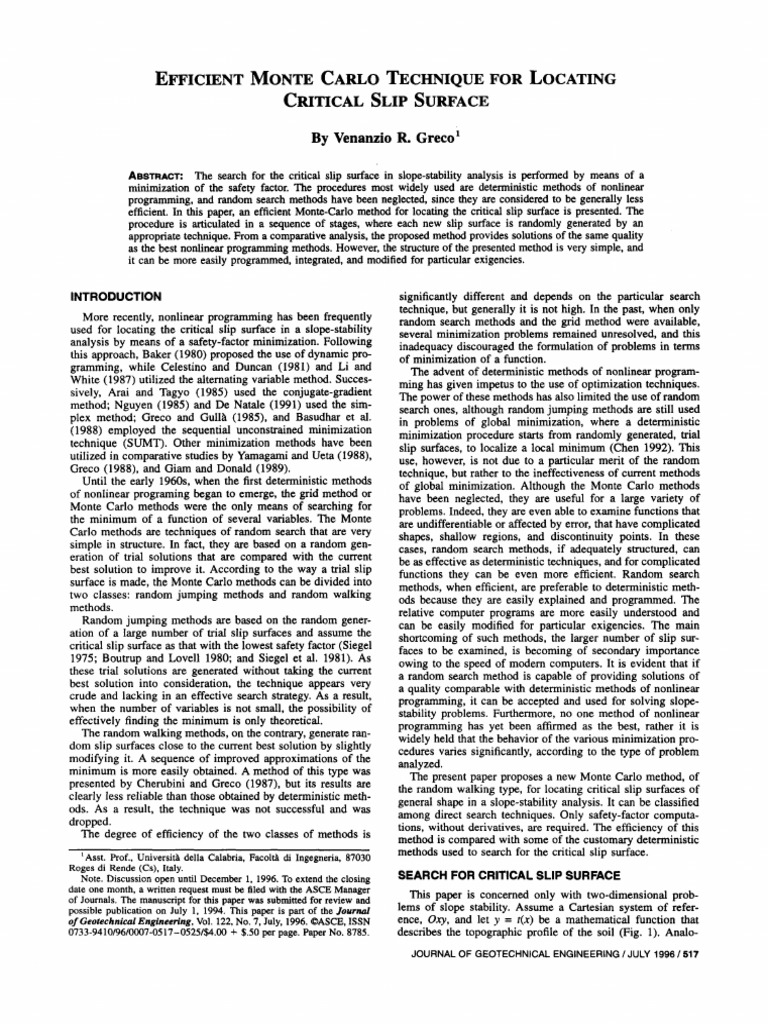 Efficient Monte Carlo Thenique For Locating Critical Slip Surface | PDF