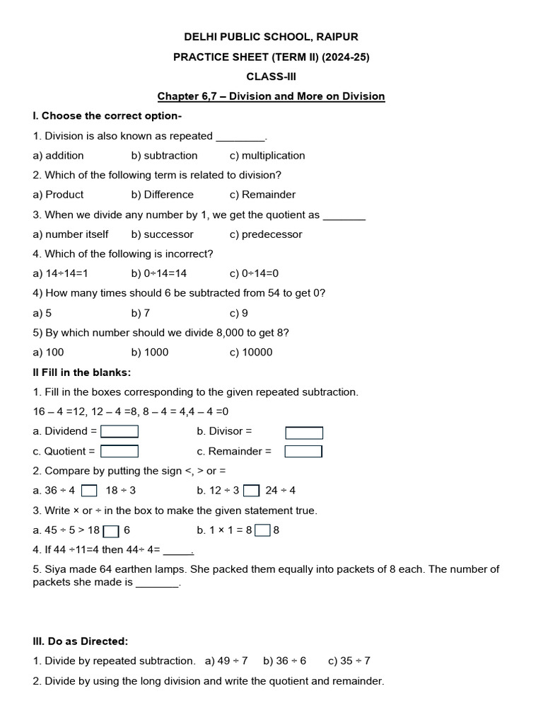 Class 3 TA2 Maths Practice Worksheets (2024-25) | PDF | Rupee | Division (Mathematics)