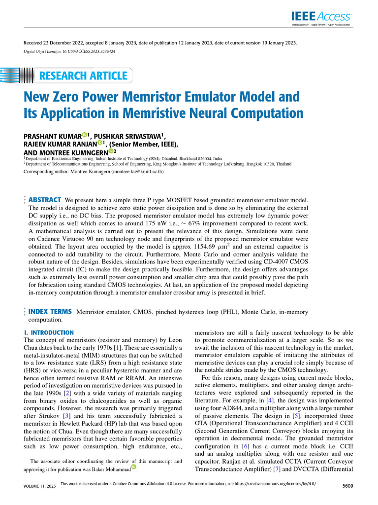 New Zero Power Memristor Emulator Model and Its Application in Memristive Neural Computation ...