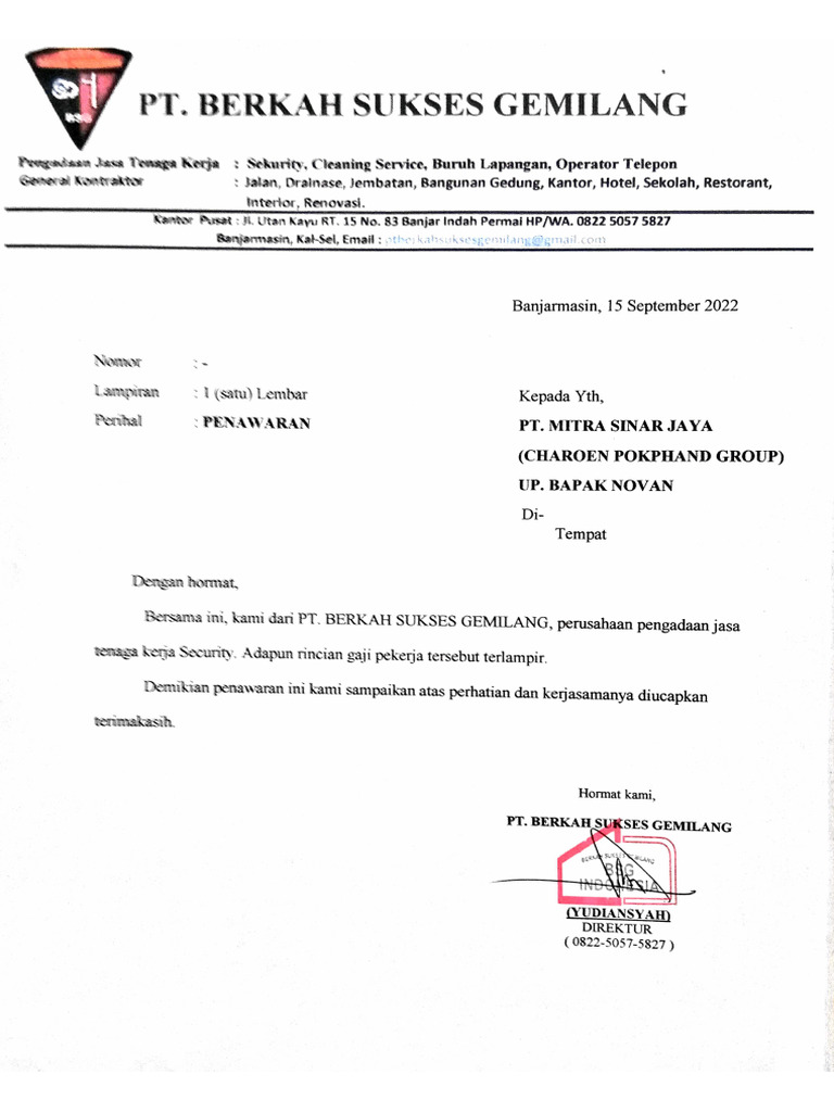 SRT Penawaran Outsourching-Charoen Pokphand | PDF