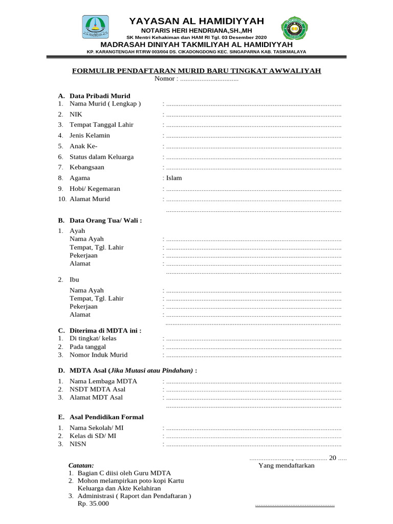 AL HAMIDIYYAH FORM PENDAFTARAN MURID BARU TINGKAT AWWALIYAH | PDF