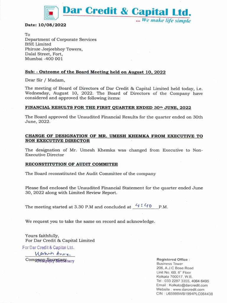 Dar Credit Q1 2022 Financial Results | PDF | Audit | Expense