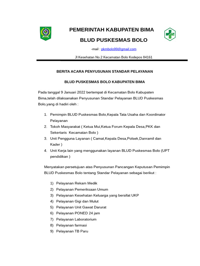Berita Acara Penyusunan Standar Pelayanan | PDF