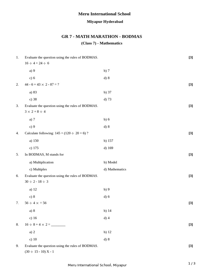 GR 7 CBSE - Math Marathon - BODMAS | PDF | Mathematics | Computer Programming