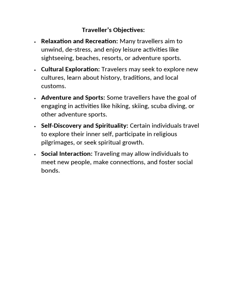 Travellers Objectives, Travel and Tourism 9395 | PDF