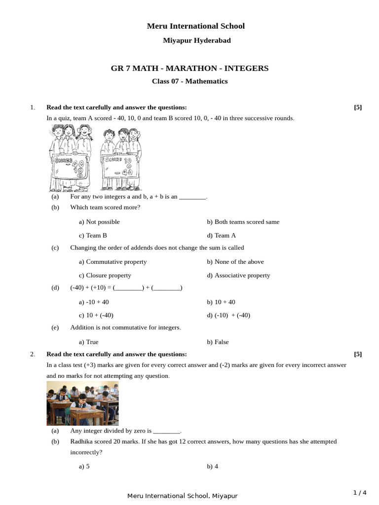 GR 7 CBSE - Math Marathon - Integers | PDF | Mathematics