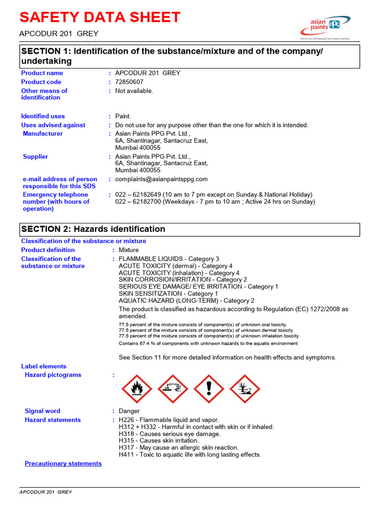 MSDS APCODUR 201 GREY | PDF | Toxicity | Occupational Safety And Health